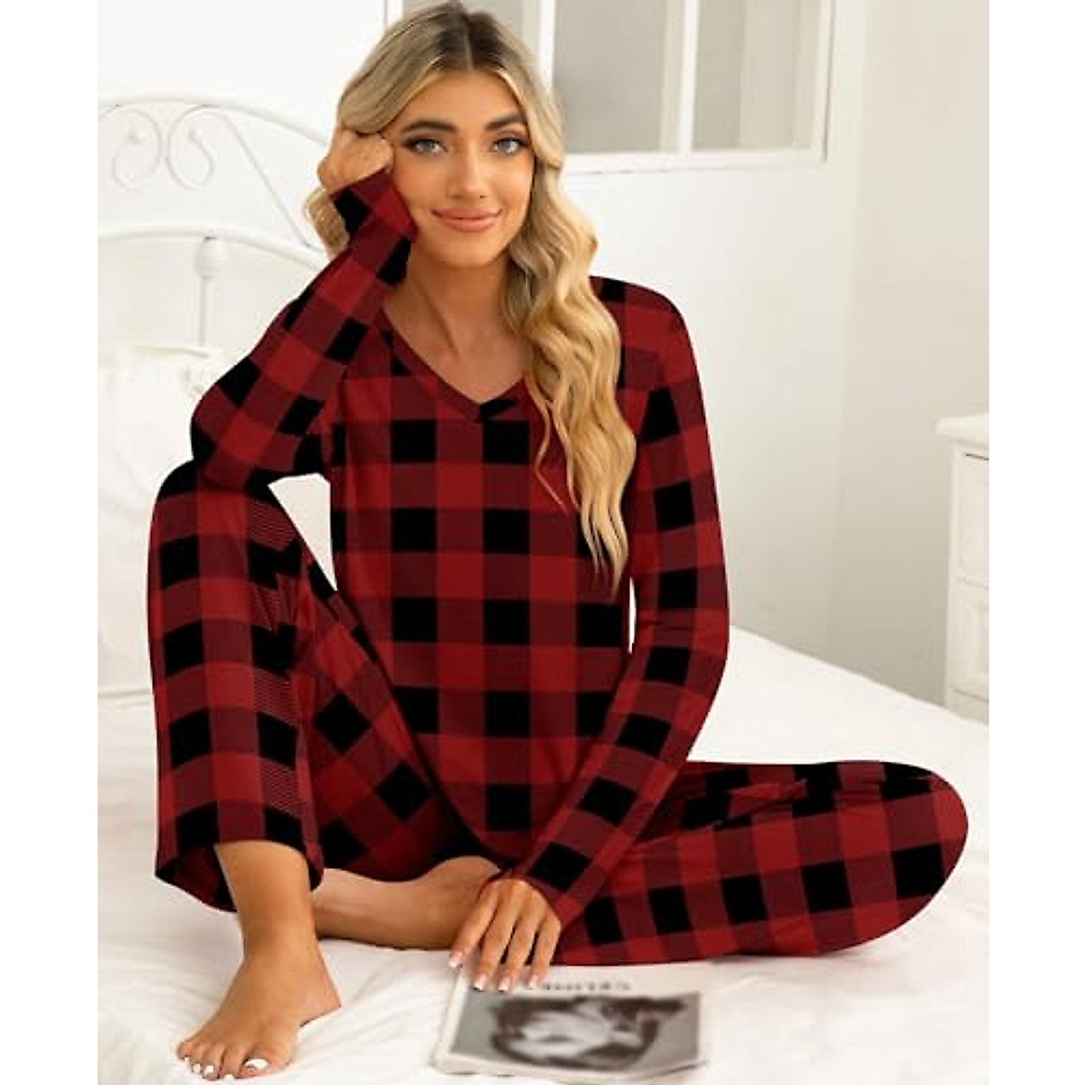 syoss Women's Pajama Sets Long Sleeve Sleepwear Soft Comfy Pj Lounge Sets XL, Red Checker