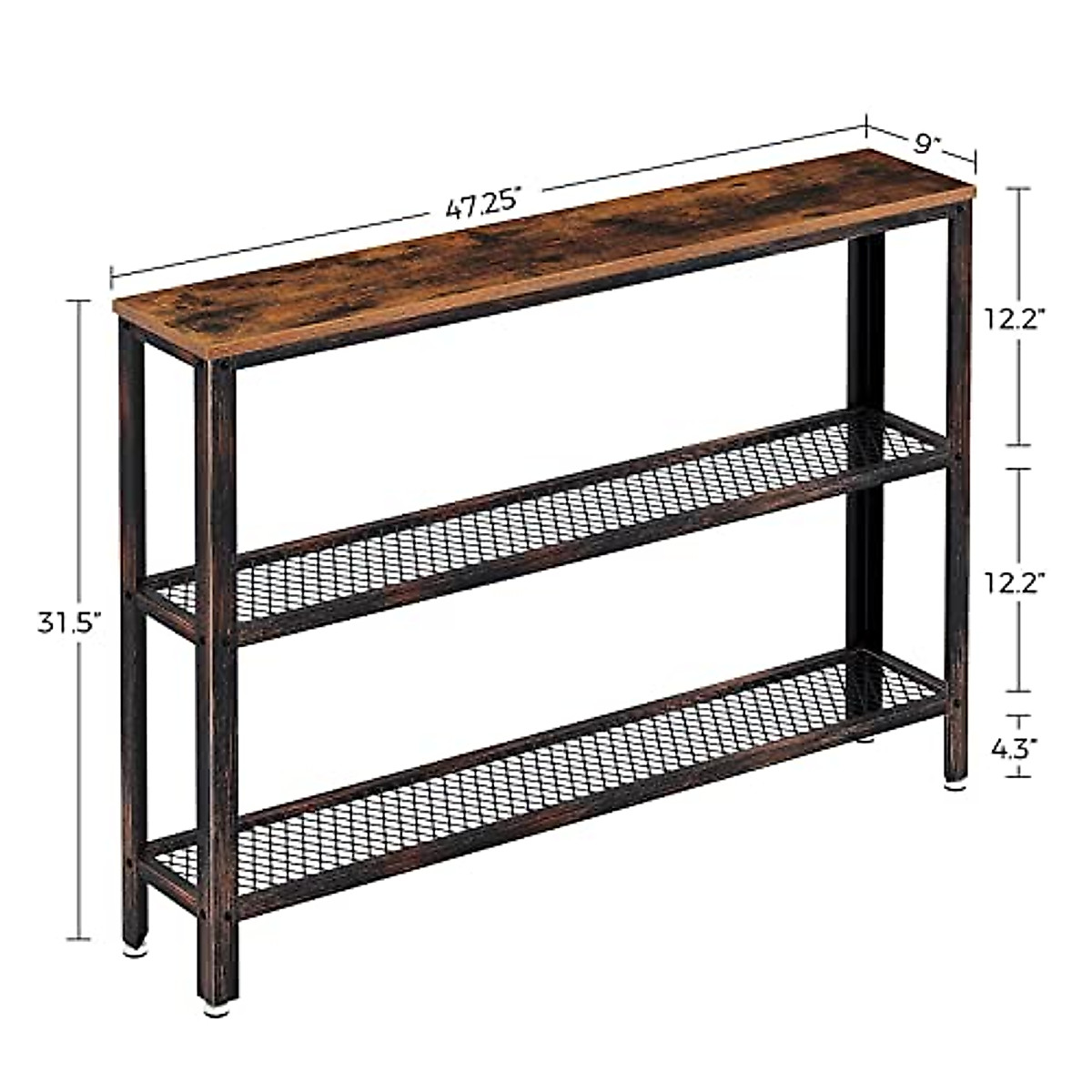 Rolanstar Console Table, Narrow Sofa Table with 2 Mesh Shelves, 47.2” Long Rustic Entryway Table with Retro Metal Frame, Entrance Table for Entryway, Hallway, Living Room, Bedroom