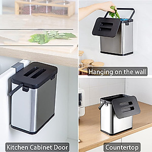 SIDIANBAN Hanging Trash Can with Lid for Kitchen Cabinet Door, 0.8 Gal/3L Stainless Steel Garbage Can Kitchen Compost Bin for Countertop or Under Sink