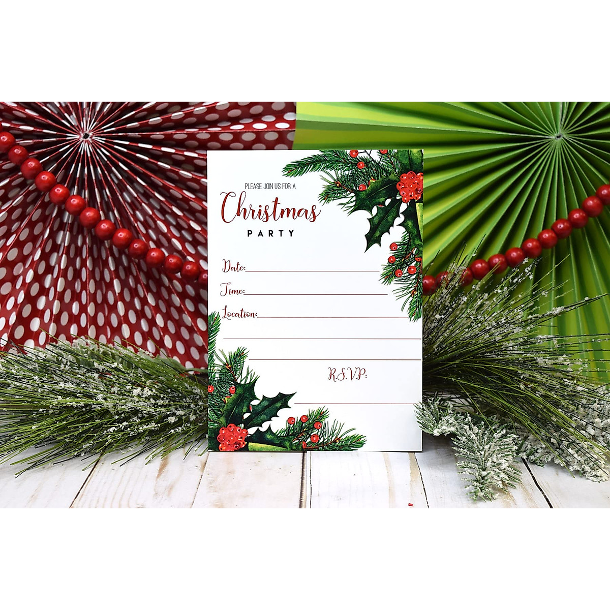 Watercolor Holly and Pine Christmas Holiday Party Invitations, 20 5"x7" Fill In Cards with Twenty White Envelopes by AmandaCreation
