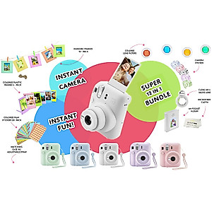 Fujifilm Instax Mini 12 Instant Camera with Case, 60 Fujifilm Prints, Decoration Stickers, Frames, Photo Album and More Accessories (Clay White)