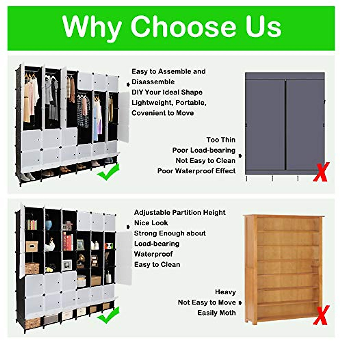 VINGLI Cube Storage Organizer, Plastic Closet Cabinet, DIY Plastic Modular Book Shelf Unit, Cube Shelves with Doors and Hanging Rods, White 30 Cubes