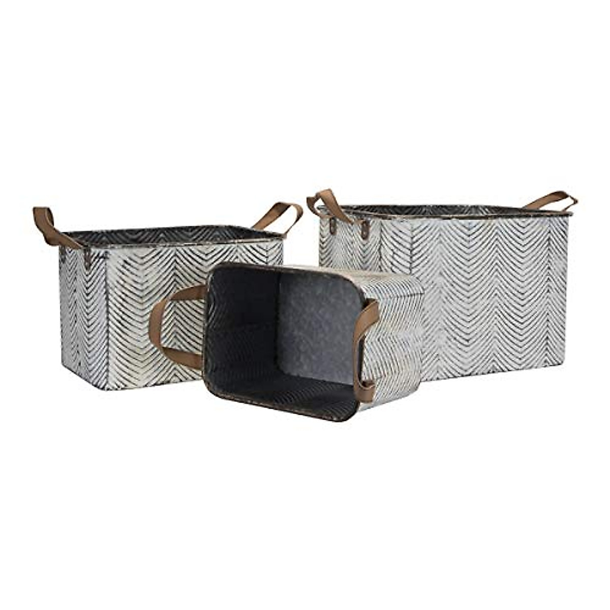 Foreside Home & Garden Rustic Set of 3 Whitewashed Pattern Galvanized Metal Decorative Storage Bins with Faux Leather Handles
