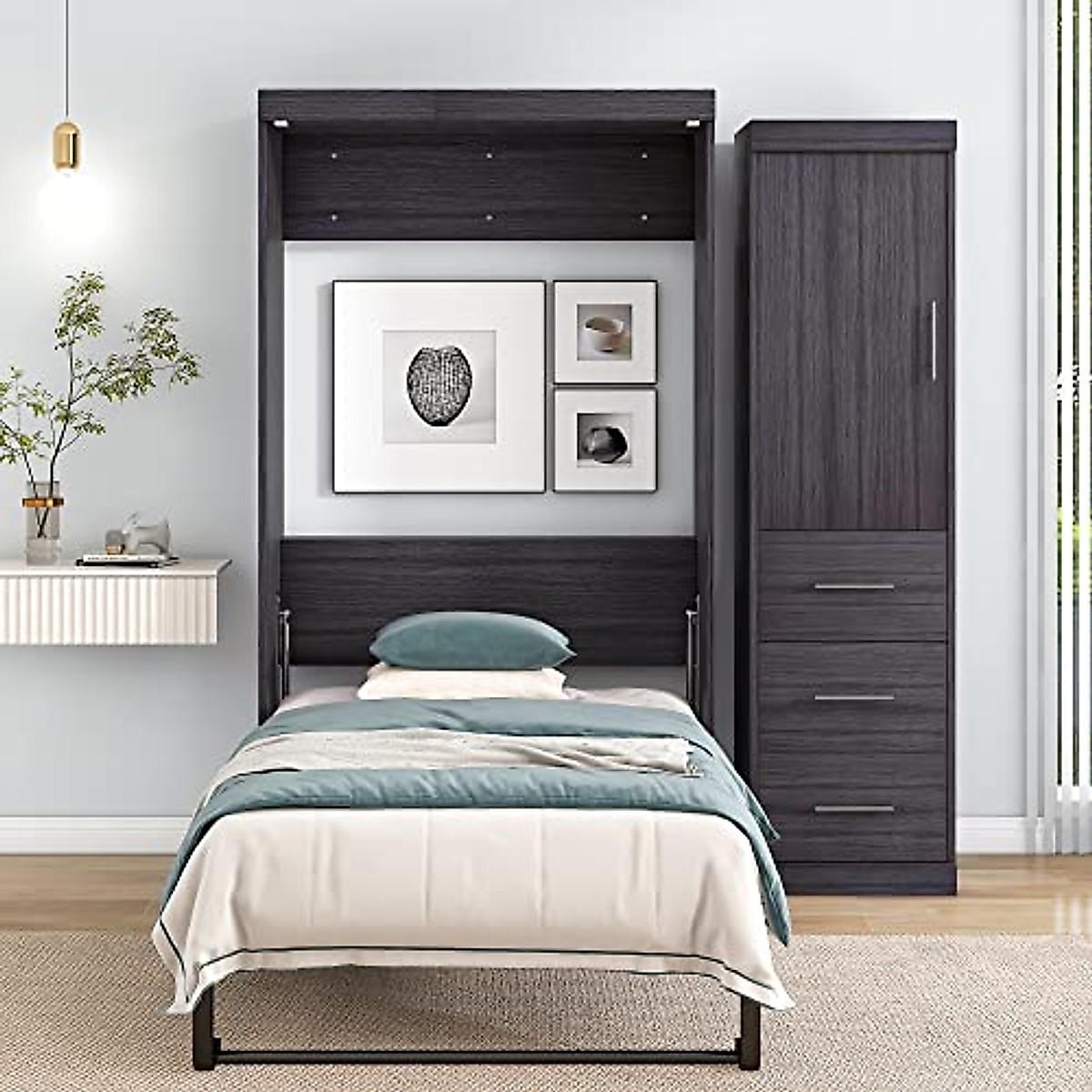P PURLOVE Multifunctional Murphy Bed Twin with Wardrobe and 3 Drawers, Bed Frame with Slates, Storage Bed Can Be Folded Into A Cabinet for Small Spaces, Apartments, Studio (Gray)