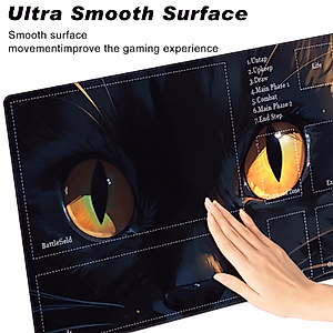 Playmat for MTG Playmat with Zones, 24" x 14" TCG Playmat Ideal for MTG Playmat Game Trading Board, Original Hand-Painted Printing Non-Slip Rubber Bottom & Stitched Edges Mouse Pad, Black Cat Eyes