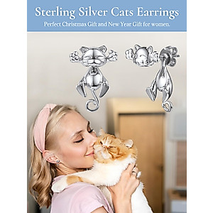 925 Silver Cute Cat Earrings Stud Solid Sterling Jewelry " Kiss me Hug Me" 3D Kitten Ear Jacket Earring for Women Teen Girls