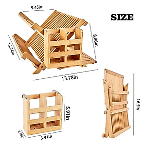 Olioeiao Bamboo Dish Drying Rack for Kitchen - Collapsible 3-Tier Wooden Folding Drainer with Utensil Holder and Dish Strainer Board for Countertop, Sink, and Racks Dryer (Natural)