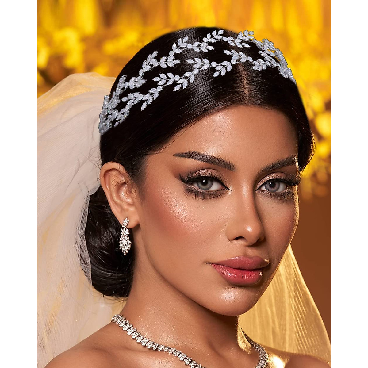 Jorsnovs Cubic Zirconia Double Layer Leaves Wedding Bride Headband Princess Bridal Zircon Tiaras Headwear for Women Prom Party Headpieces Hair Accessories