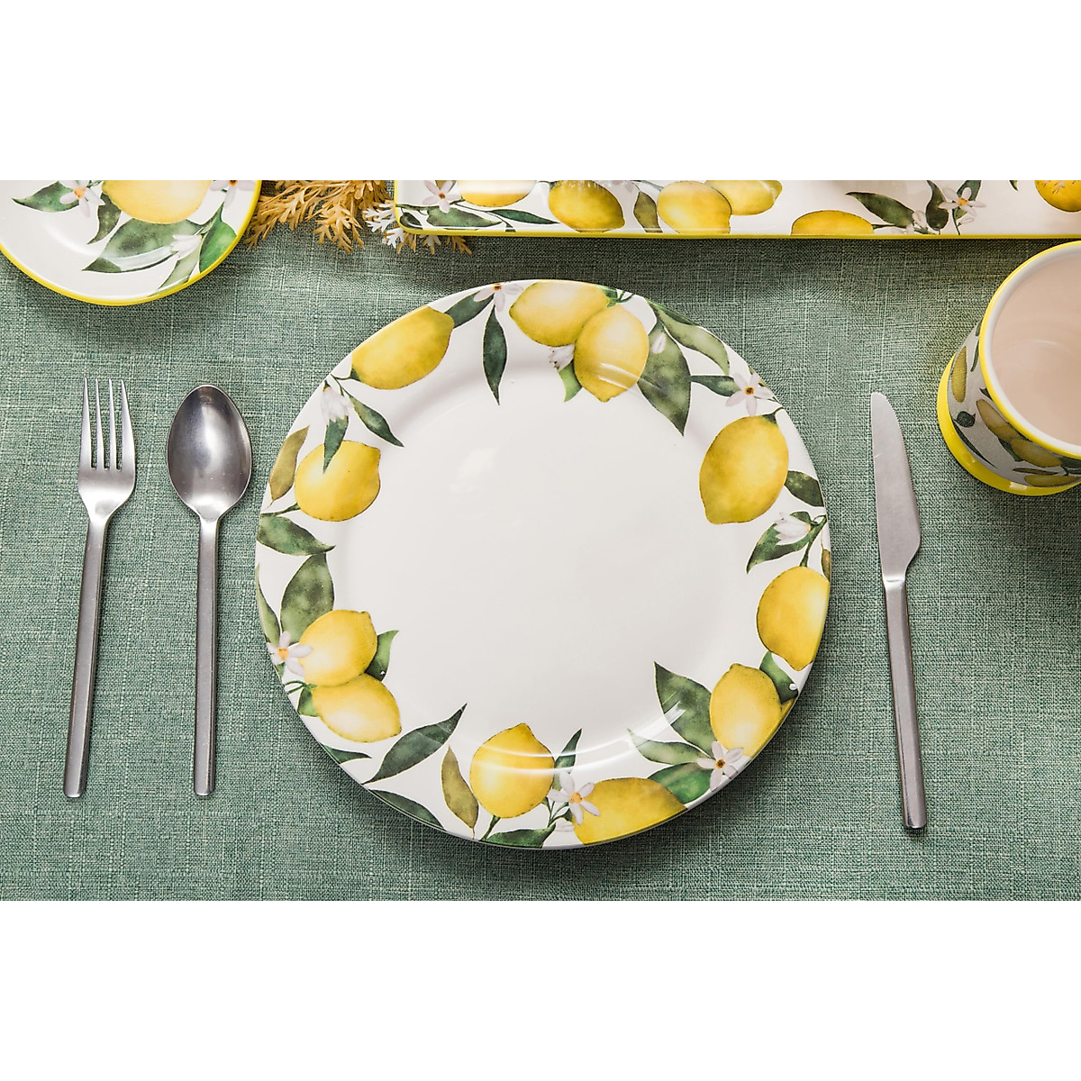 Bico Lemon Dreams 11 inch Dinner Plates, Set of 4, for Pasta, Salad, Maincourse, Microwave & Dishwasher Safe