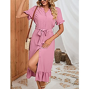 KOJOOIN Women's Button Down Midi Shirt Dress Summer Short Sleeve Tie Waist Split Business Casual Work Long Maxi Dress Dusty Pink XL