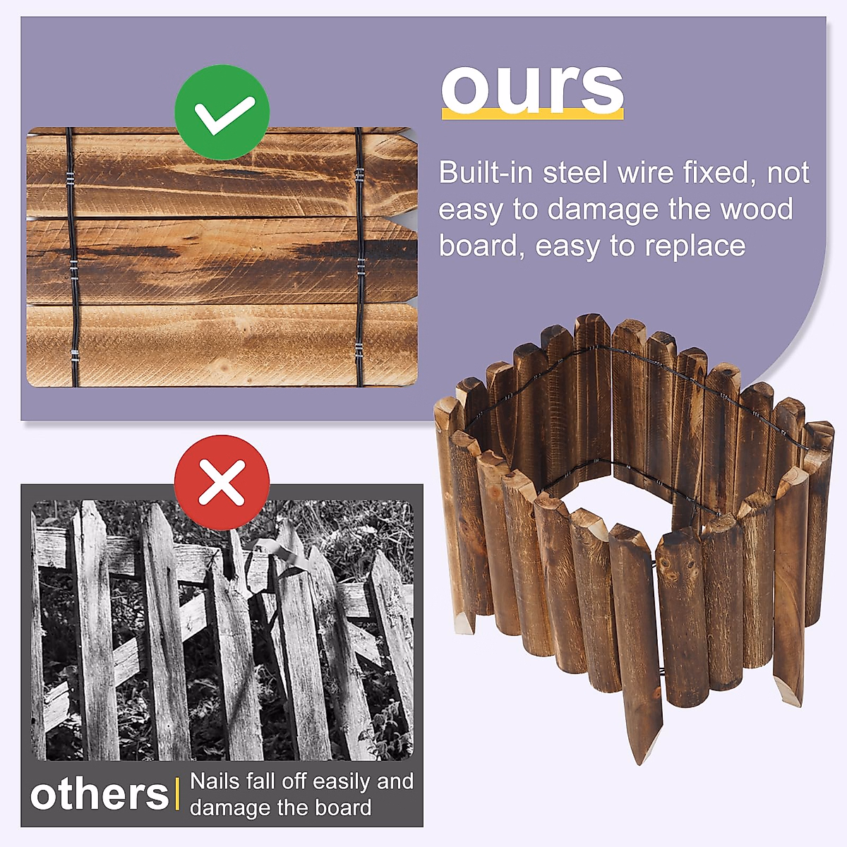 Gtouse Wooden Edging Fence, Garden Fencing Edging Border, Landscape Lawn Edging Border Anti-Corrosive Outdoor for Patio Yard Flower Tree Fence Decoration (9.8in × 3.9ft)