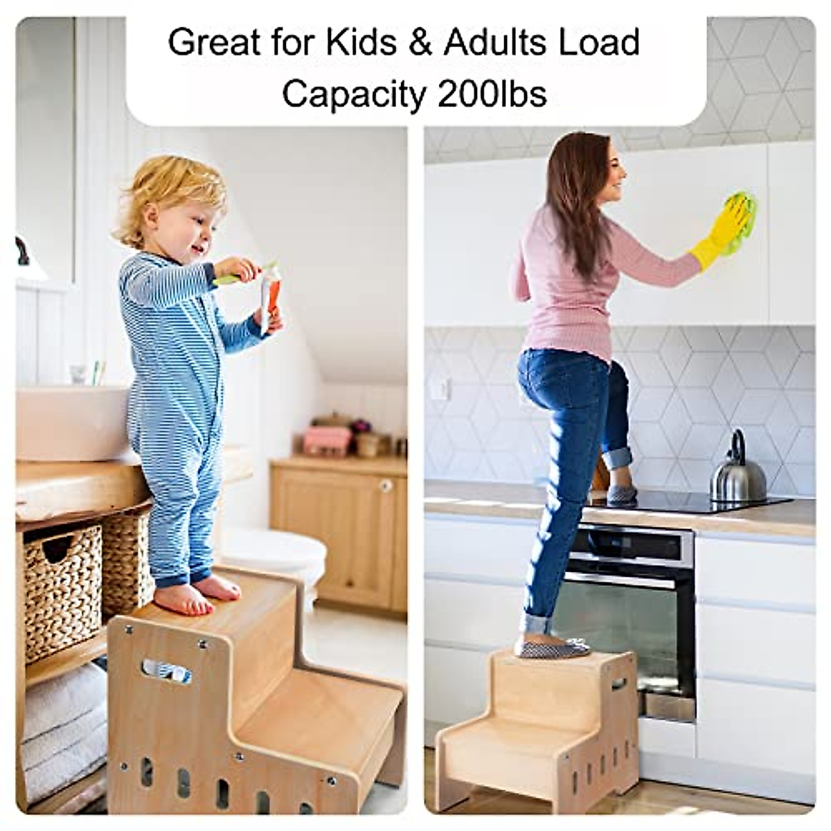 Wooden 2 Step Stool for Kids, Victostar 2 Step Stool for Bathroom, Potty Training, Kitchen and Closet, Perfect for Kids and Adults