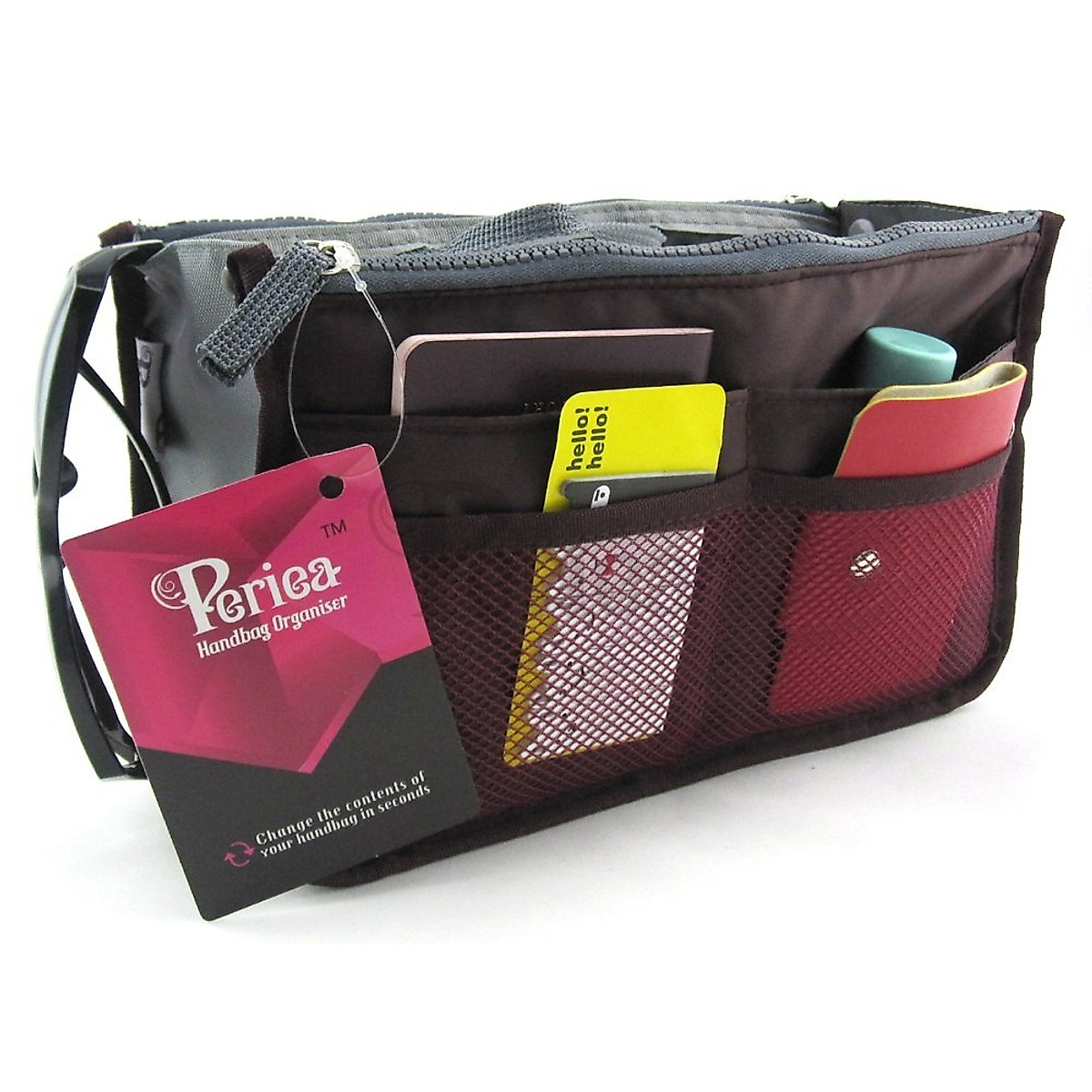 Periea Chelsy Purse Organizer Insert with Handles & 13 Pockets - 3 Sizes (Burgundy, Medium)