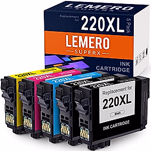 LemeroSuperx Remanufactured Ink Cartridges Replacement for Epson 220XL 220 XL T220XL Work for Workforce WF-2630 WF-2760 WF-2750 Expression Home XP-320 XP-420 (Black Cyan Magenta Yellow, 5 Pack)