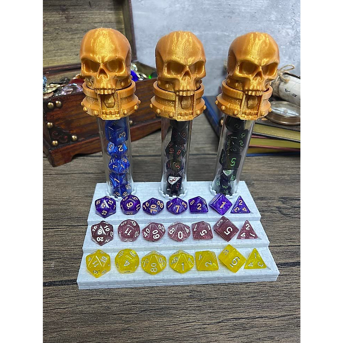 MunnyGrubbers - Dice Display Rack Shelf - Dice Jail - Dice Holder - (3 x Random 7PCS D20 Dice Set Included) - Display Up to 3 Sets of Dice and Vials - Dungeons and Dragons - DND - D&D - (Silver)
