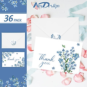 AnyDesign 36 Pack Blue Floral Thank You Cards Bulk Forget-Me-Not Myosotis Sylvatica Flower Greeting Cards with Envelope Sticker Thank You Note Cards for Wedding Birthday Baby Shower Bridal Party