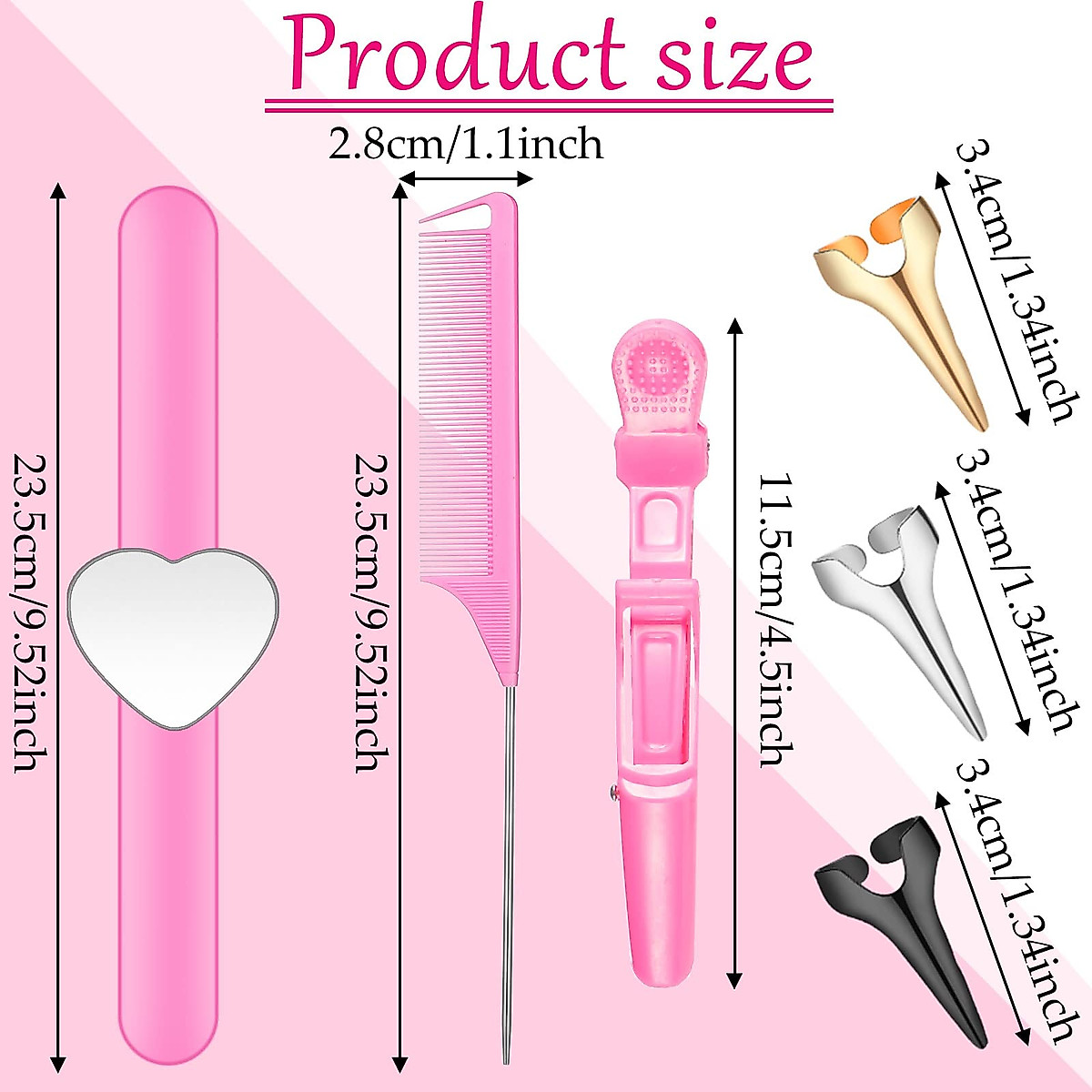 22 Pieces Magnetic Wrist Sewing Pincushion with Hair Braiding Tools - Stainless Steel Pintail Rat Tail Comb, Wide Teeth Alligator Sectioning Clip, Hair Parting Ring Tool, and Pin Wristband (Pink)
