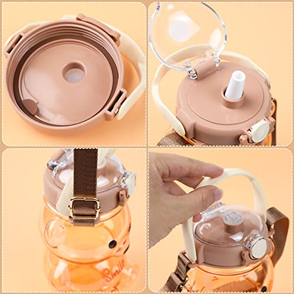 Kawaii Bear Straw Bottle,Portable Large Capacity Bear Water Bottle with Strap and Straw,Cute Bear Shaped Water Bottle Adjustable Removable Strap for Girls School Outdoor Travel (Brown-A)