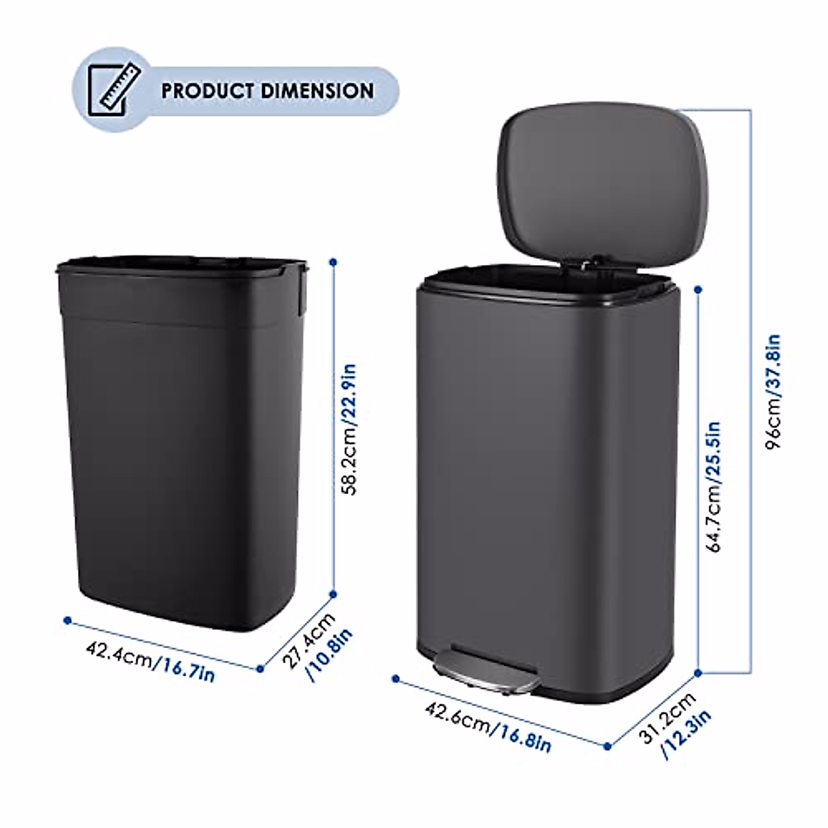 FINETONES Trash Can, Stainless Steel Garbage Can with Silent Lid, Durable Pedal & Inner Bucket, Pedal Garbage Bin for Kitchen Inside Outside (50L, Dark Gray)