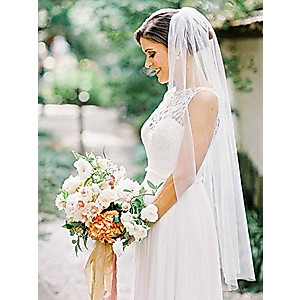 Unsutuo 1 Tier Bride Wedding Veil Ivory Fingertip Bridal Tulle Veil with Comb and Cut Edge (Ivory)