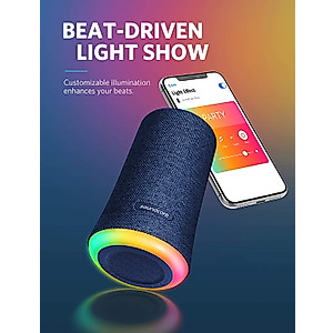 Bluetooth Speaker, Soundcore Flare Wireless Speaker by Anker, Portable Party Speaker with 360° Sound, Enhanced Bass, Ambient LED Light, IP67 Dustproof & Waterproof, and 12H Battery Life—Blue (Renewed)
