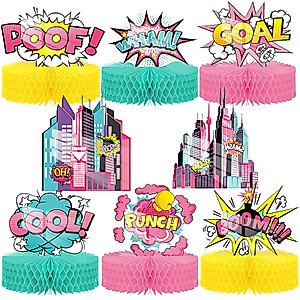 8 Pcs Hero Girl Party Supplies Hero Honeycomb Action Sign Pink Table Topper Centerpiece Paper Cardboard Cutouts for Happy Birthday Baby Girl Shower Party Favor