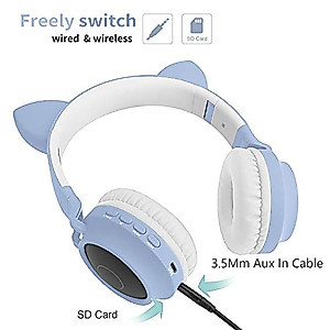 Yurlgst Kids Cat Ear Headphones,Wireless Bluetooth Headphones with Flashing Led Light, SD Card Slot, FM,3.5 mm Audio Jack Wired Kids On Ear Headphones for Boys Girls Adults(Light Blue)