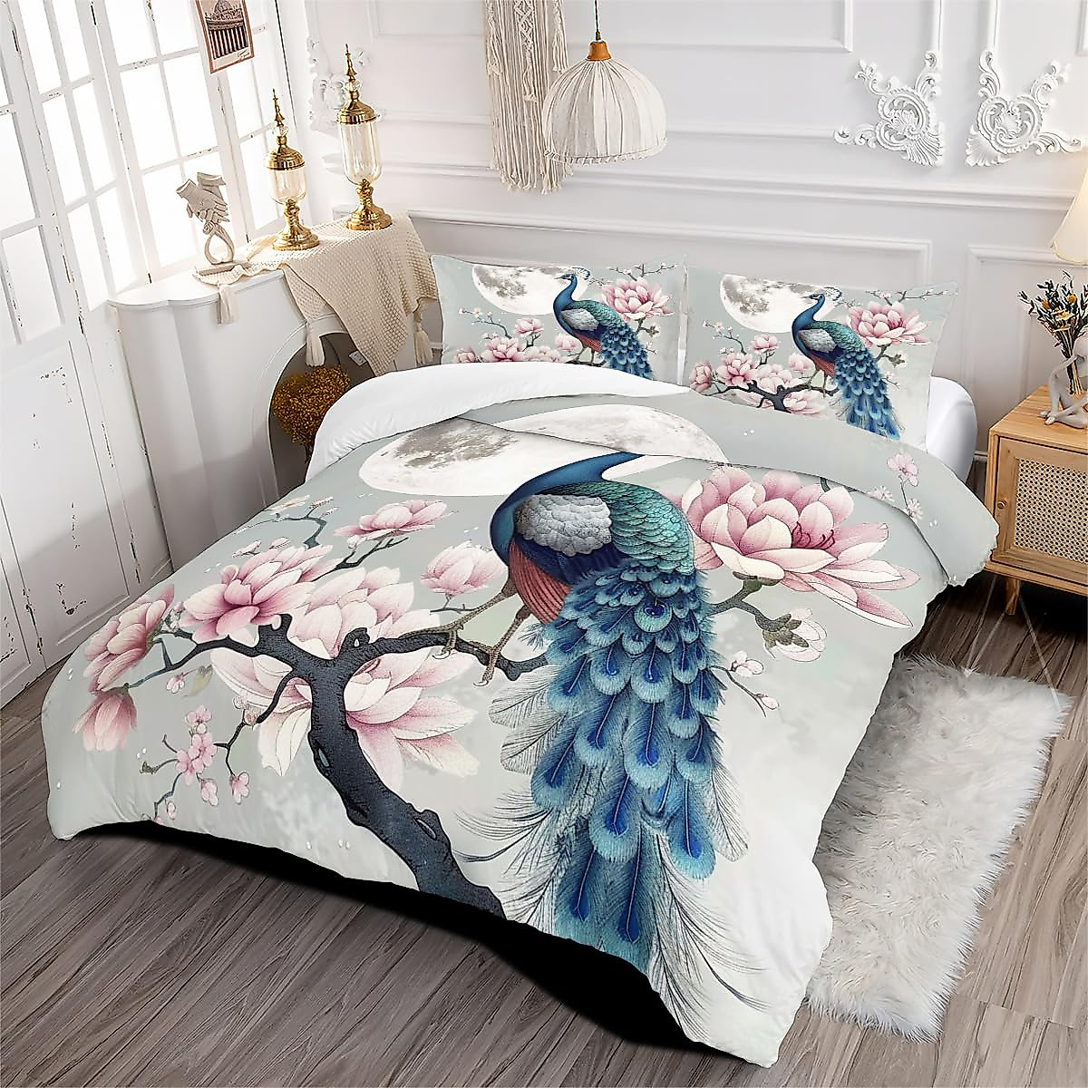 CCoutueChen Blue Peacock Duvet Cover Set King Size Orchid Floral Comforter Bedding Set Elegant Botanical Flower Duvet Covers for Girls Women Adults Animal Feathers Duvet Cover with 2 Pillowcases
