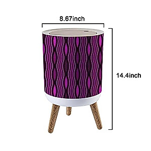 Small Trash Can with Lid Full Seamless Vertical Lines Texture Colorful Women Dress Fabric Print Waste Bin with Wood Legs Press Cover Wastebasket Round Garbage Bin for Kitchen Bathroom Bedroom Office