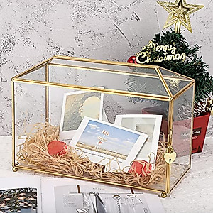 ELLDOO 12.6" Gold Glass Wedding Card Box with Heart Lock, Glass Gift Boxes, House Shape with Feet Clear Terrarium Planter for Wedding Receptions, Centerpiece Decor, Keepsake, Gift Display Box, Large Size
