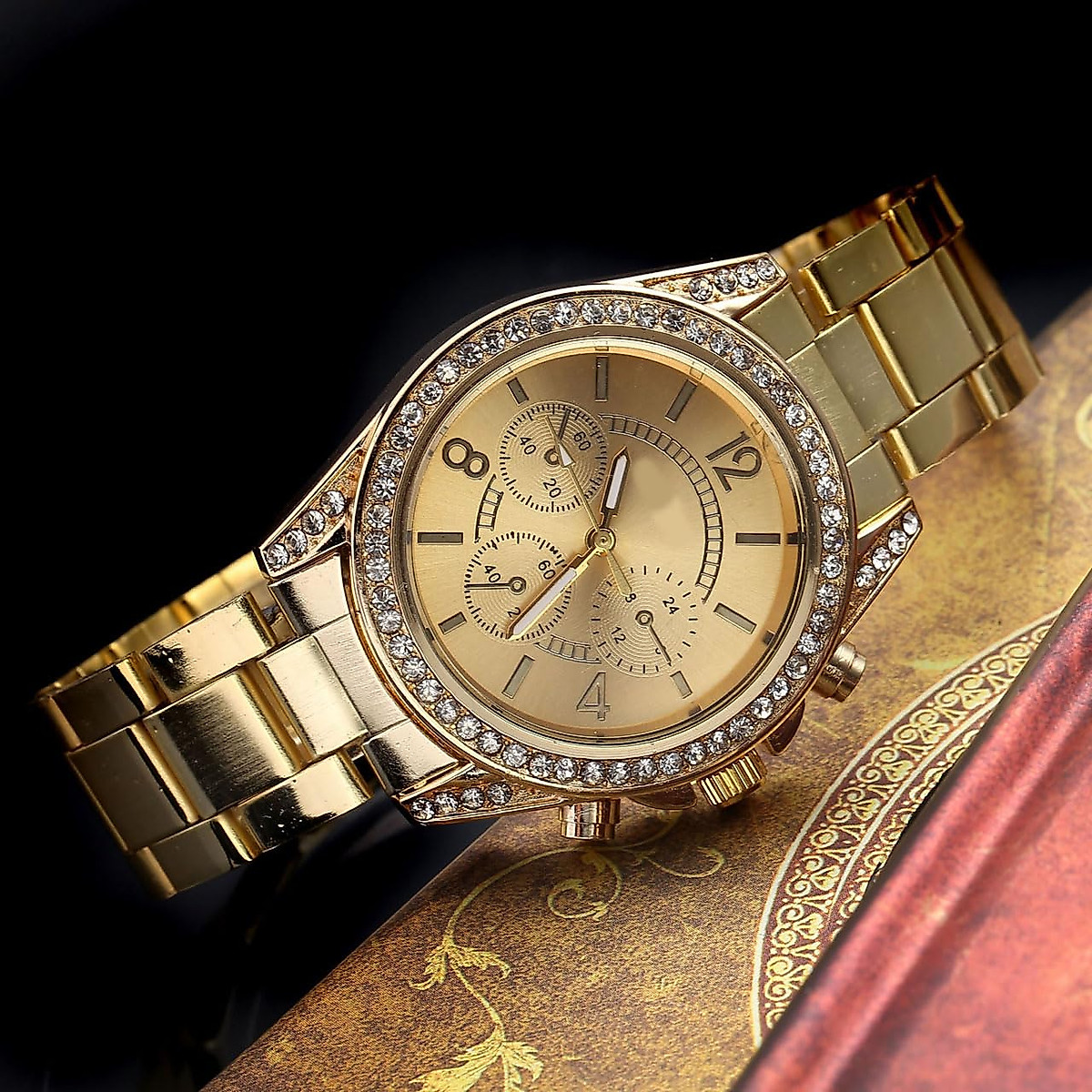 Top Plaza Unisex Gold Fashion Womens Mens Crystal Accented Analog Quartz Bracelet Watch (Golden)