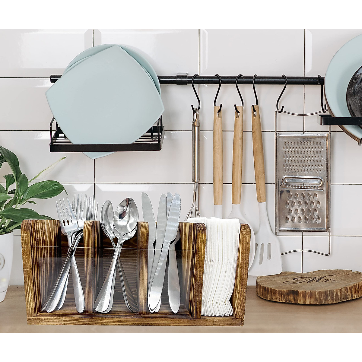 Oboase Wooden Utensil Holder, Utensil Caddy with Napkin Holder, Large Utensil Holder, Silverware Caddy, Kitchen Utensil Holder Organizer for Countertop,Outdoor, Party and Cooking Tools Storage