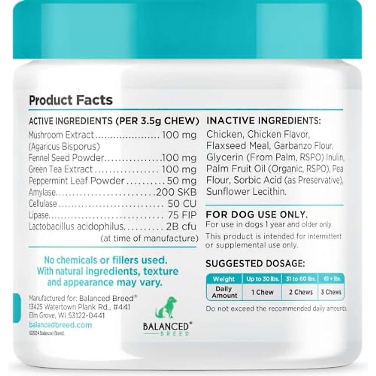 Balanced Breed Dog Probiotics Digestive Gut Health Chew Made in USA Non-GMO Vet-Phamacist Approved Fortiflora Probiotics Dogs Anti Yeast Supplements Constipation Relief Dog Yeast Itchy Skin Itchy Ears