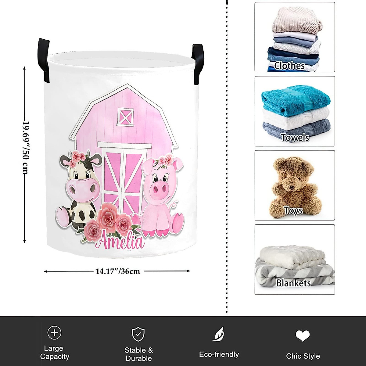 Personalized Laundry Basket Hamper,Cow Pig Flower Farm,Collapsible Storage Baskets with Handles for Kids Room,Clothes, Nursery Decor