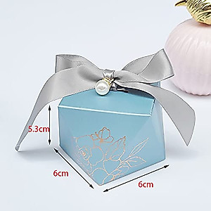 Awcmtpsyol Gift Box Diamond Shape Wedding Favors Decoration Baby Shower Birthday Party Chocolate Packing Candy Boxes for Guests with Ribbon and Pearl (blue box with gold ribbon)