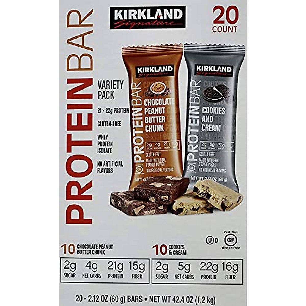 Kirkland Signature Protein Bars Chocolate Peanut Butter Chunk/ Cookies & Cream Flavor, 42.4 Oz, 20 Count