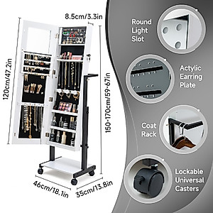 LAVIEVERT LED Mirror Jewelry Cabinet with 4 Wheels, 47.2" Full Length Mirror with 3 Color Lights, Lockable Jewelry Armoire with Built-in Mirror, Bottom Shelf, 3 Adjustable Angles & Height - White
