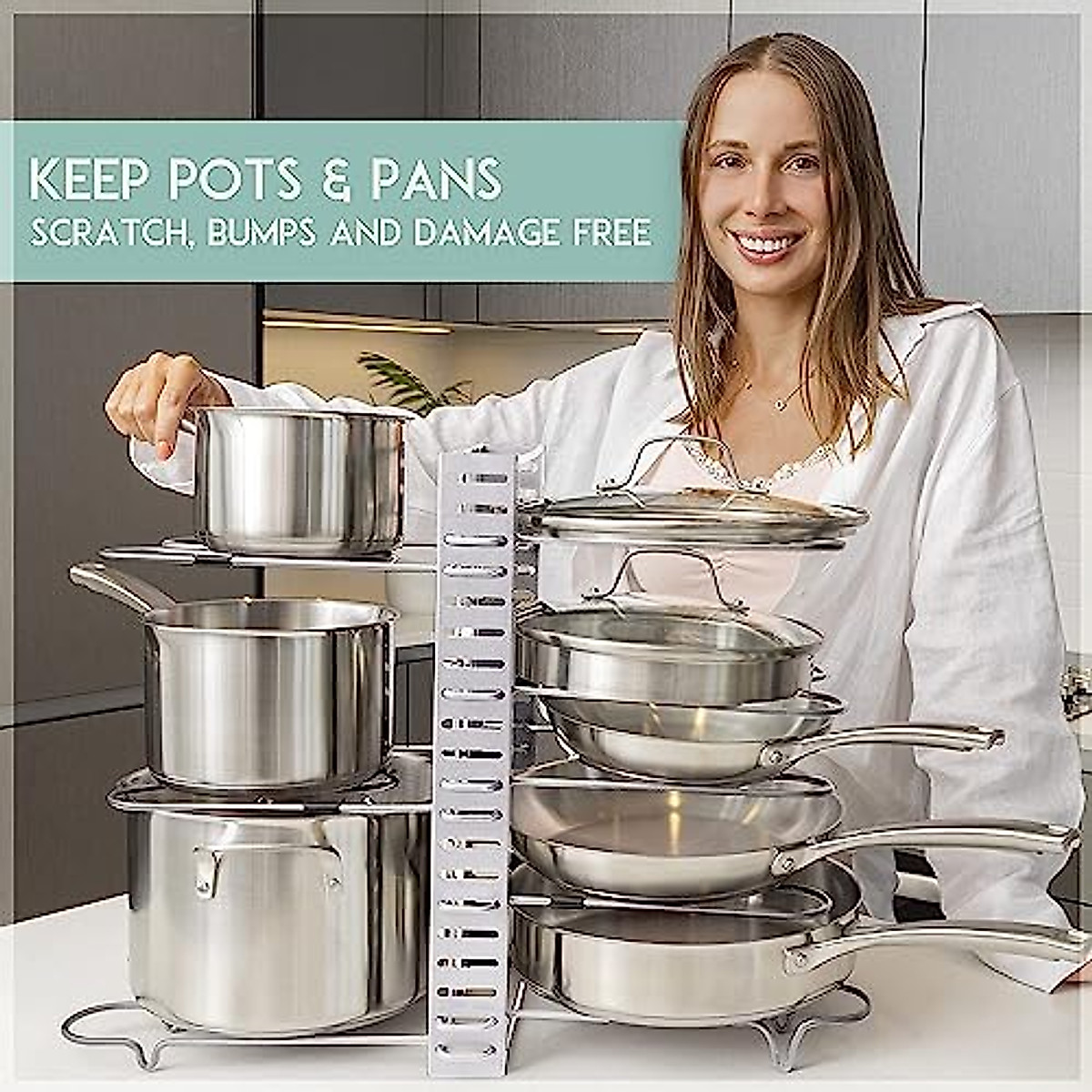GeekDigg Pot Rack Organizer, Adjustable Height and Position Pots and Pan Rack, Kitchen Counter and Cabinet Pan Organizer Shelf Rack/Pot Lid Holder with 3 DIY Methods - Silver