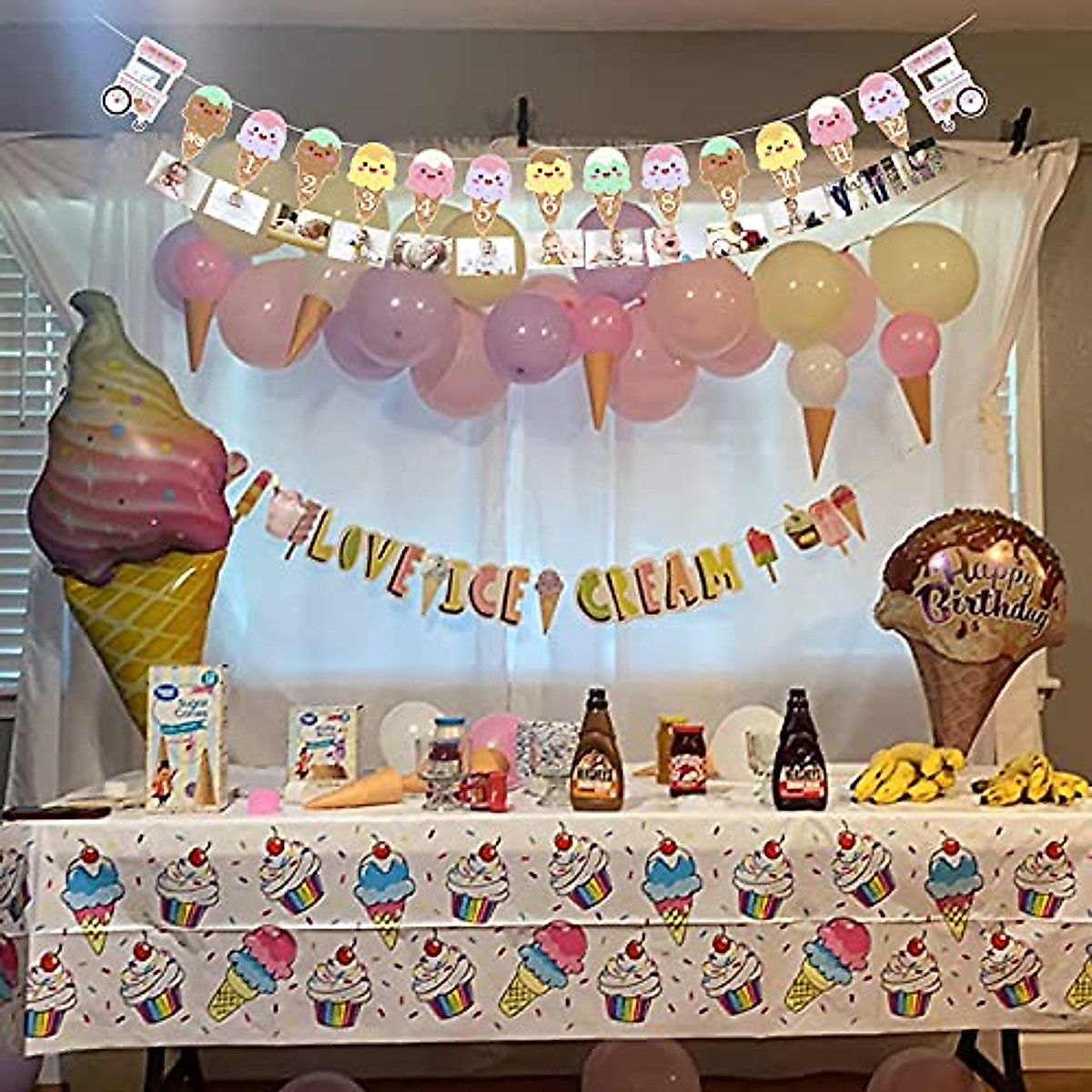 Ice Cream Monthly Photo Banner - Ice Cream 1st Birthday Monthly Banner Baby Girl 12 Month Photo Display Milestone Photograph Bunting Garland for Ice Cream First Birthday Party,Sweet One Summer Party