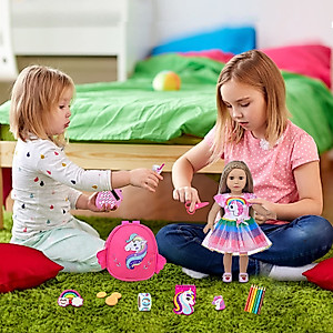 ZQDOLL 23 Pcs American Doll Clothes and Accessories School Supplies Playset for 18 Inch Doll Including Girl Doll Clothes, Bags, Student Cards, Sticker, Pencils, Calculator, Scissors, Notebook