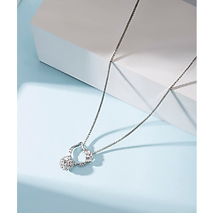 Yihua_Store Cute Real 925 Sterling Silver Cat Pendant Necklace Rhinestone Ball Pendant