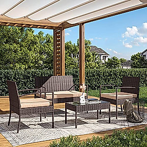 BELLEZE Patio Furniture Set 4 Pieces Outdoor Furniture Rattan Chairs and Table Wicker Sofa Garden Conversation Bistro Sets with Cushions for Porch Yard Pool or Backyard, Brown