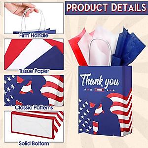 MIMIND 12 Pieces Veterans Day Gift Bags with Handle Patriotic Gift Bags with 24 Red Blue White Tissue Paper Thank You Veterans Goodie Gift Treat Bags for Veterans Day Memorial Day Independence Day