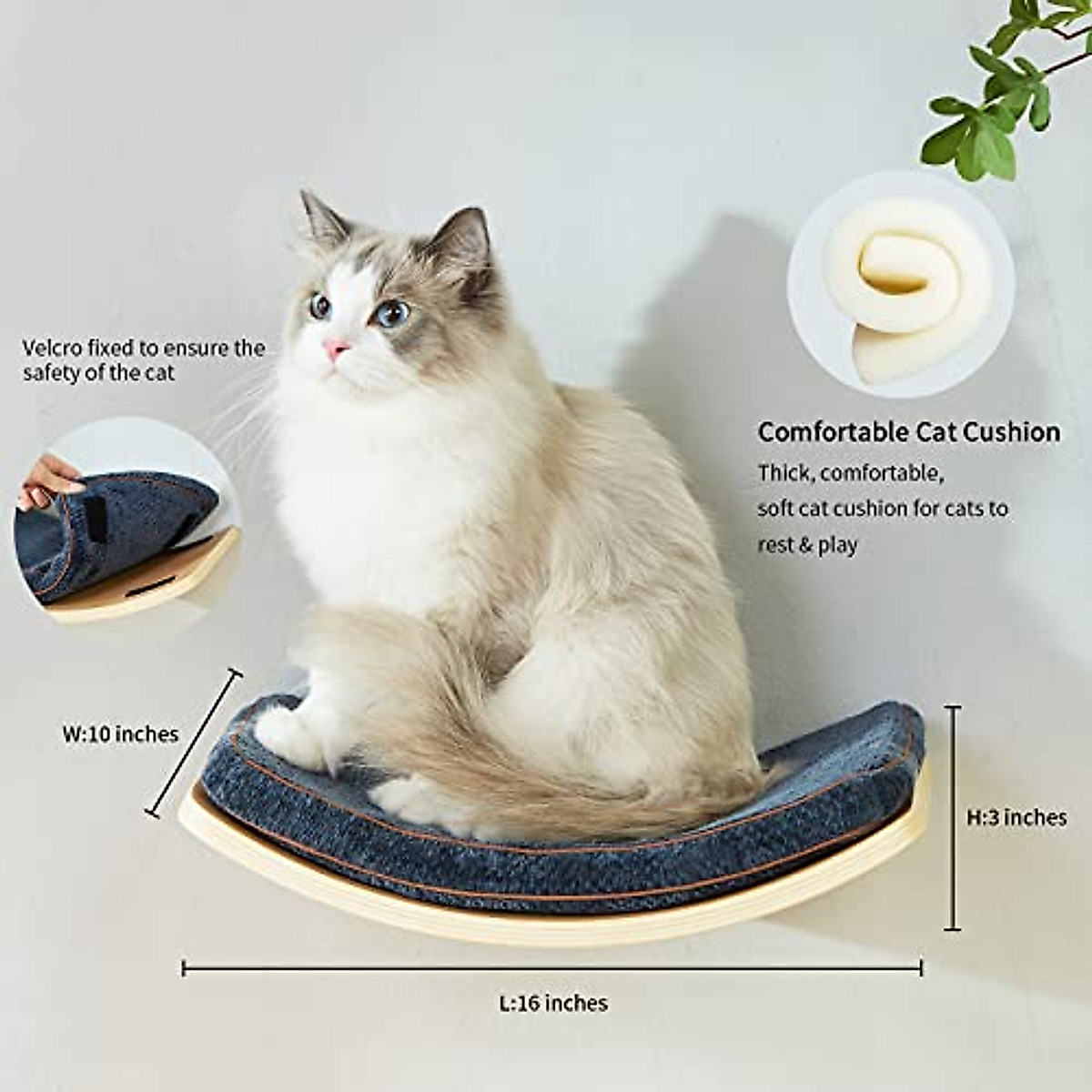 LIORCE Cat Shelf with Comfortable Cat Cushion - Curved Cat Shelves and Perches for Wall (Medium Size) - Wall Mounted Cat Furniture for Sleeping, Playing, Climbing, and Lounging