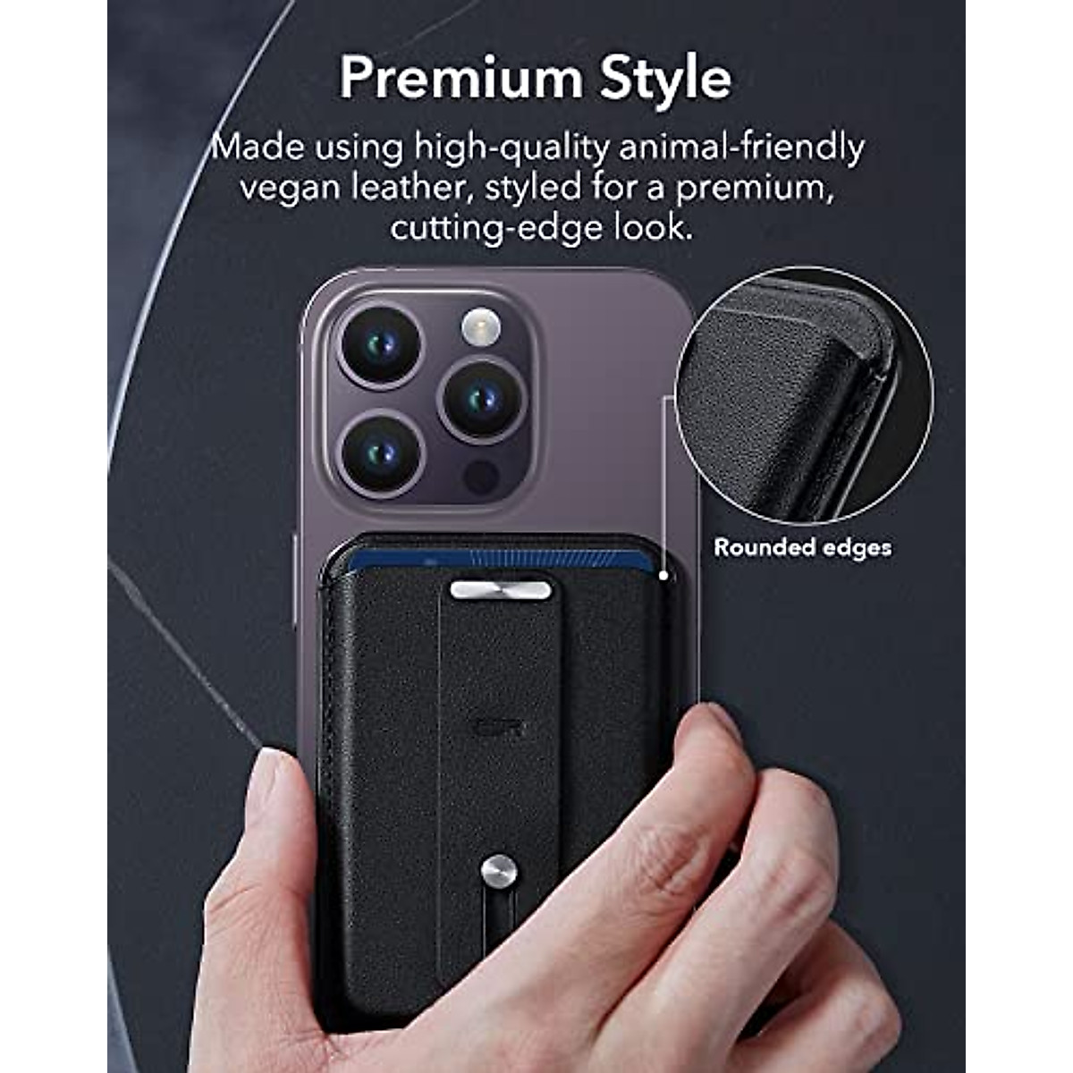 ESR Magnetic Wallet, Compatible with MagSafe Wallet, 3-Card Holder, Vegan Leather, for Secure-Grip Finger Loop, for iPhone 15/14/13/12 Series, Not for 13/12 Mini, Black