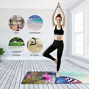 GOODOLD Butterfly and Pink Flower Yoga Mat, 71 x 26 Inch Non-slip Yoga Mats Folding Travel Exercise Mat Indoor Outdoor Gym Pilates with Storage Bag for Women Men