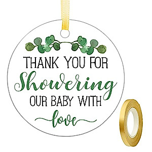 Thank You for Showering Our Baby with Love Tags, Baby Shower Favor Tags, Thank You Gift Tags Baby Shower, Thank You Tags with String, 2 Inches, 50 Count with Golden Ribbon