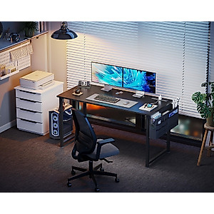 KKL Small Desk with Power Outlets and USB Port Computer Desk for Home Office Gaming Simple Modern Style Writing Desks with Storage Bag Headphone Hook, 48 inch, Black
