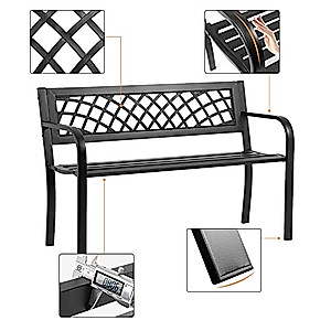 Hkeli Garden Bench Patio Park Metal Bench with Armrests Sturdy Steel Frame Black Porch Outside Bench Cast Iron Porch Bench for Yard Front Porch Path Lawn Work Entryway, 400lbs
