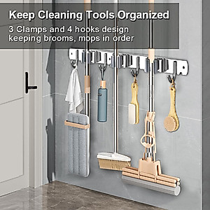 Zilvoran Mop And Broom Holder Wall Mount, Stainless Steel Mop Holder With Hooks, Brooms And Mops Tool Organizer For Closet Laundry Utility Room Garage (3 Racks & 4 Hooks)